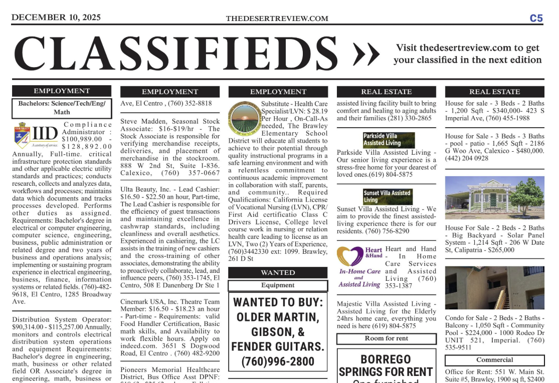 Classified Ad – The Desert Review